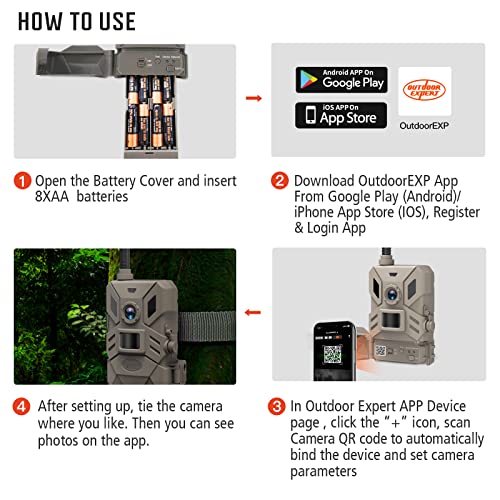 OUTDOOR EXPERT 4G Cellular Trail Camera,20MP Hunting Camera with No Glow 940nm IR Led Night Vision,HD Video IP66 Waterproof Game Cam,90FT Flash Range Wildlife Monitor Camera