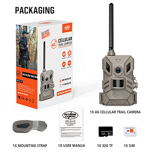 OUTDOOR EXPERT 4G Cellular Trail Camera,20MP Hunting Camera with No Glow 940nm IR Led Night Vision,HD Video IP66 Waterproof Game Cam,90FT Flash Range Wildlife Monitor Camera