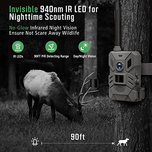 OUTDOOR EXPERT 4G Cellular Trail Camera,20MP Hunting Camera with No Glow 940nm IR Led Night Vision,HD Video IP66 Waterproof Game Cam,90FT Flash Range Wildlife Monitor Camera