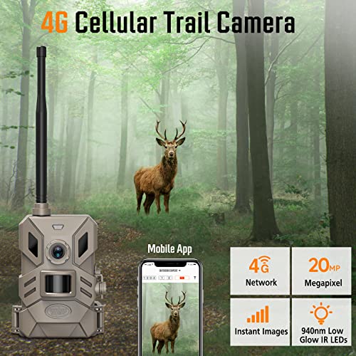 OUTDOOR EXPERT 4G Cellular Trail Camera,20MP Hunting Camera with No Glow 940nm IR Led Night Vision,HD Video IP66 Waterproof Game Cam,90FT Flash Range Wildlife Monitor Camera