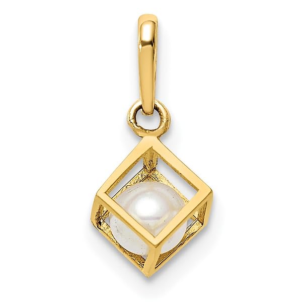 14K Yellow Gold Square Geometric Freshwater Cultured Pearl Necklace Charm Pendant Only