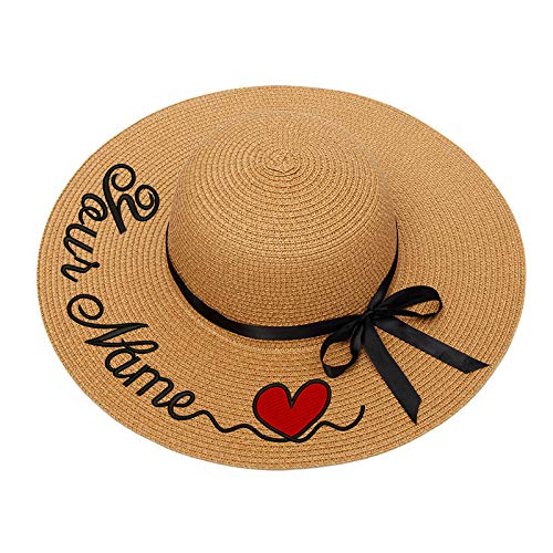 Personalized Custom Name Text Embroidery Beach Hats for Women Sun Straw Hat Wide Brim Foldable Roll up Floppy Summer Hat