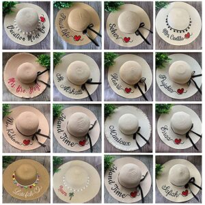 Personalized Custom Name Text Embroidery Beach Hats for Women Sun Straw Hat Wide Brim Foldable Roll up Floppy Summer Hat