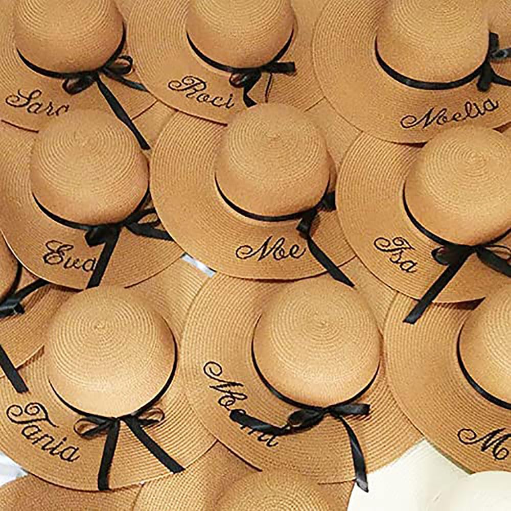 Personalized Custom Name Text Embroidery Beach Hats for Women Sun Straw Hat Wide Brim Foldable Roll up Floppy Summer Hat