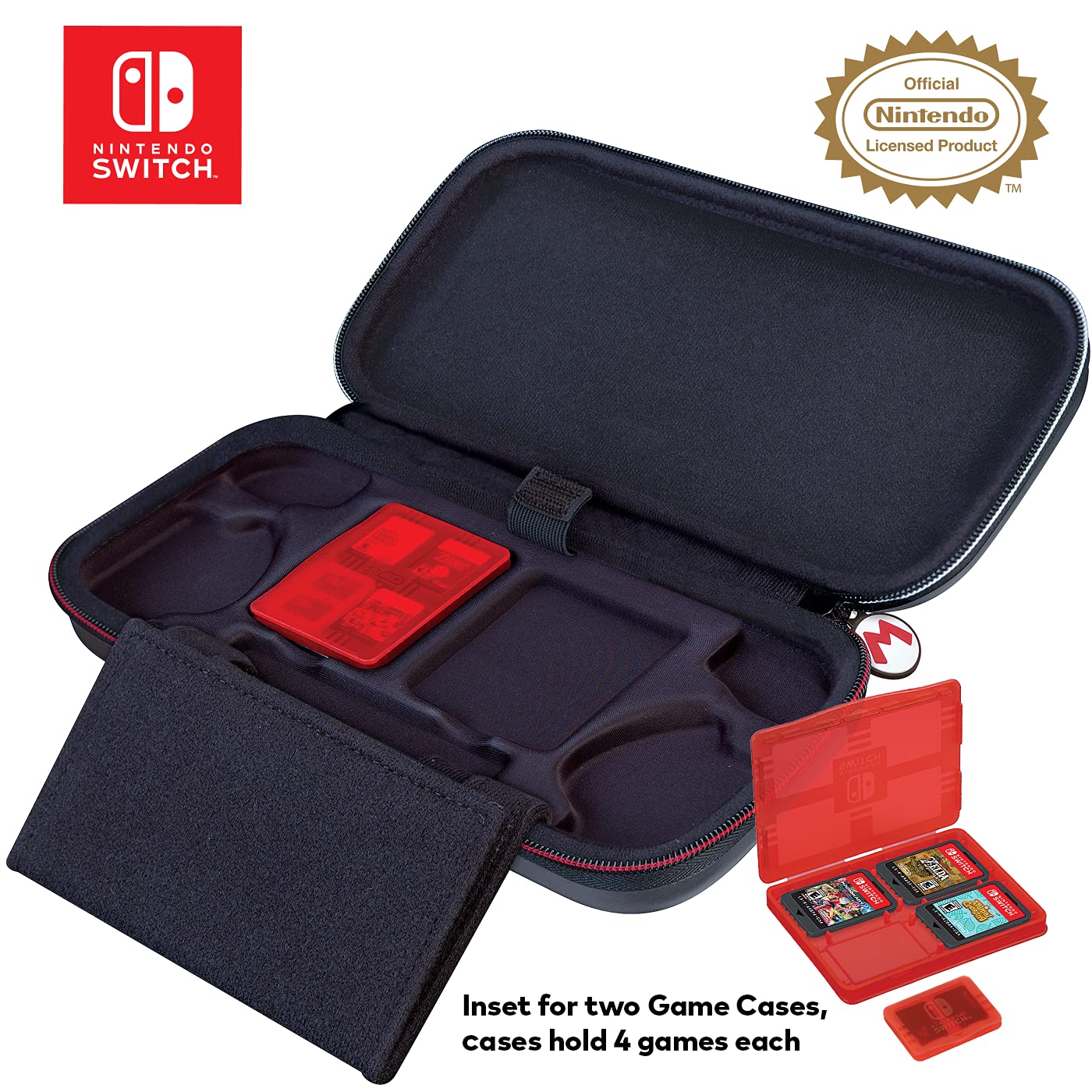 Game Traveler Nintendo Switch Mario Case - Adjustable Viewing Stand, Protective PU Leather Hard Case with Deluxe Carry Handle, Includes Two Game Cases - Nintendo Switch , Switch OLED and Switch Lite