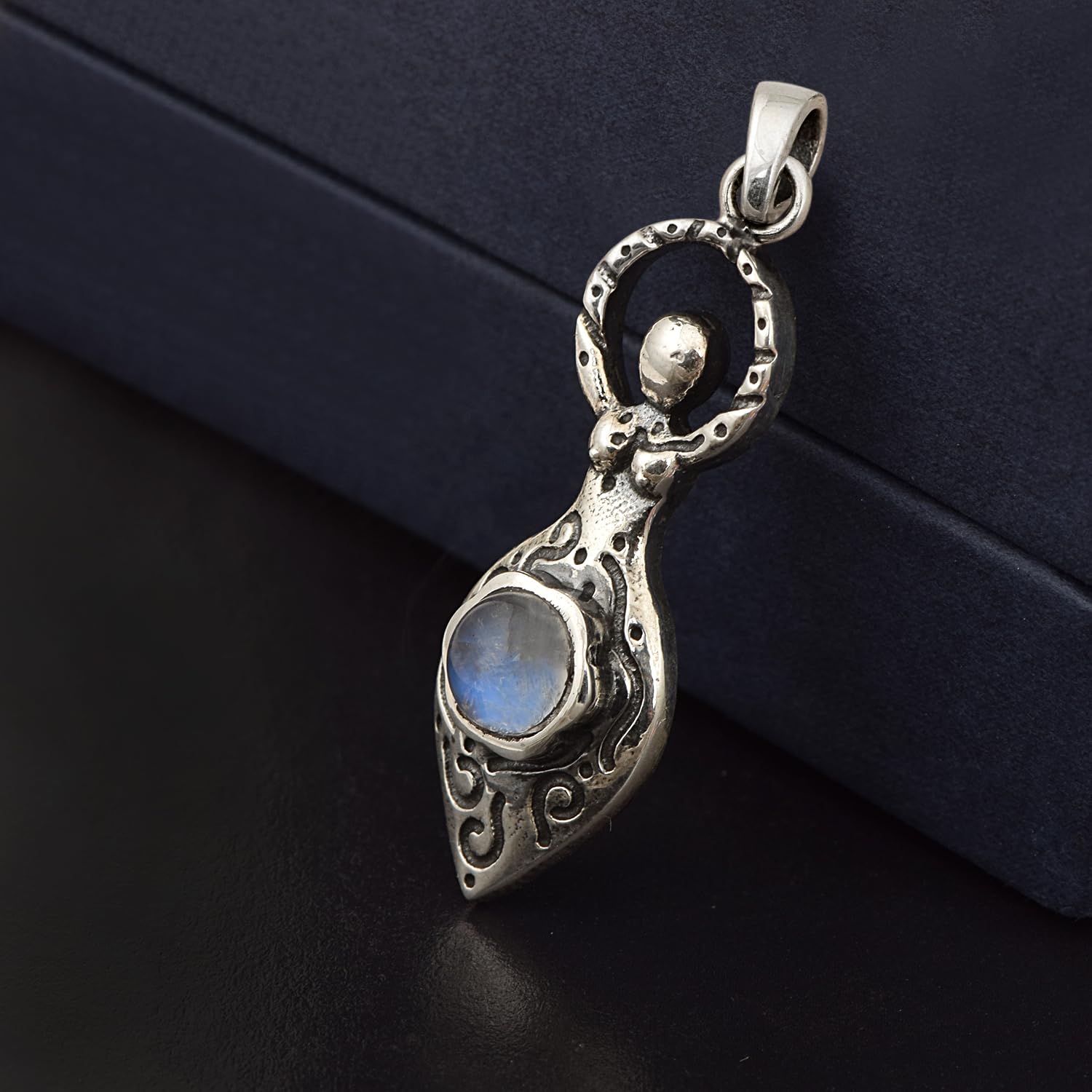 Shine Jewel 925 Sterling Silver Round Rainbow Moonstone Celtic Goddess Of Fertility Charm Pendant