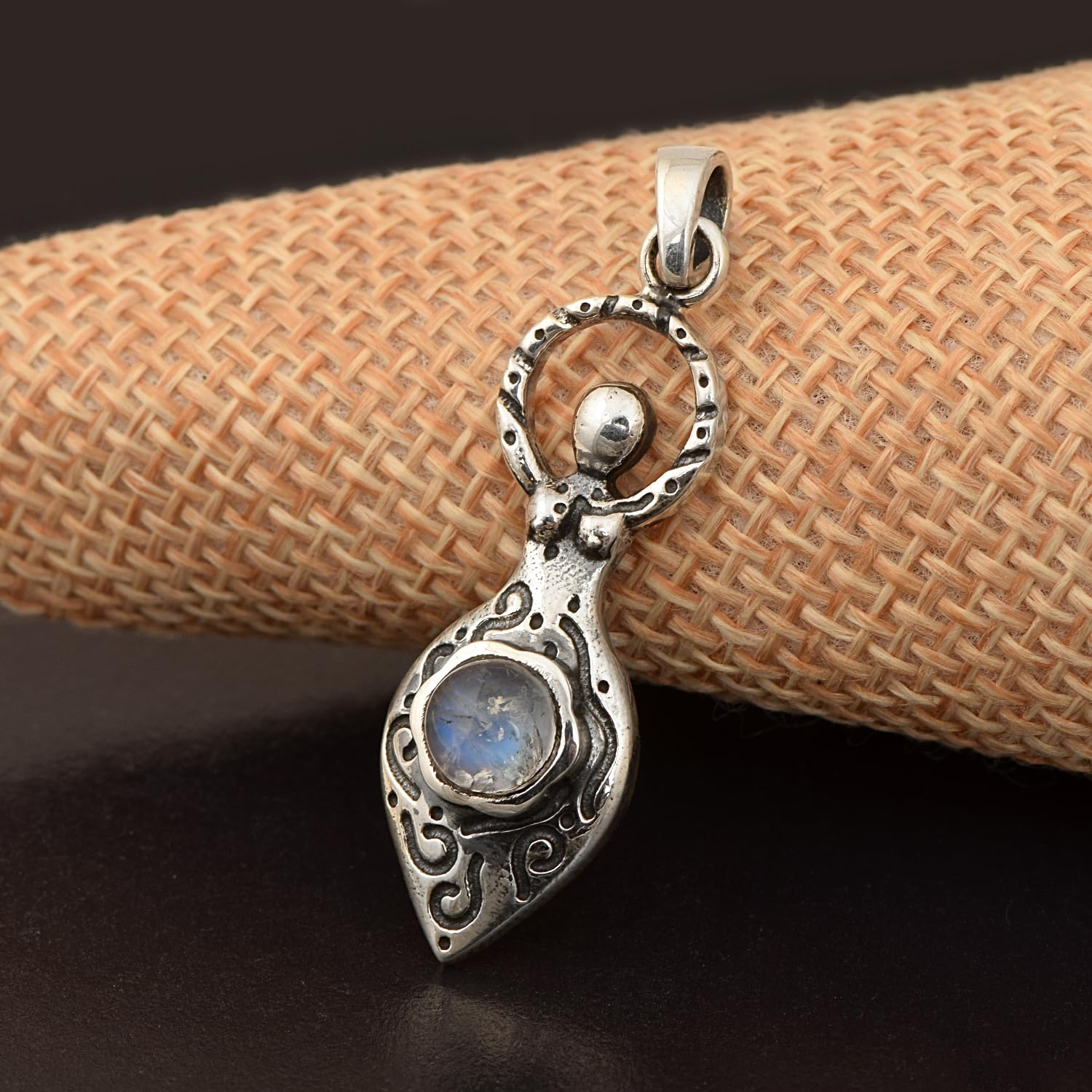 Shine Jewel 925 Sterling Silver Round Rainbow Moonstone Celtic Goddess Of Fertility Charm Pendant