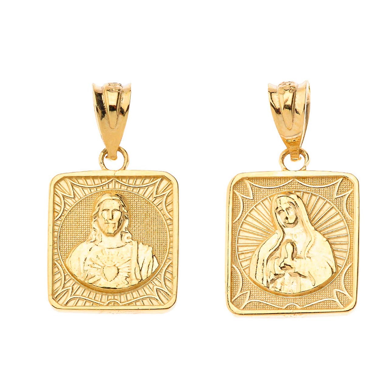 Sideways Crosses Certified 14k Gold Immaculate Heart of Mary/Sacred Heart of Jesus 0.87" Square Medal Reversible Pendant