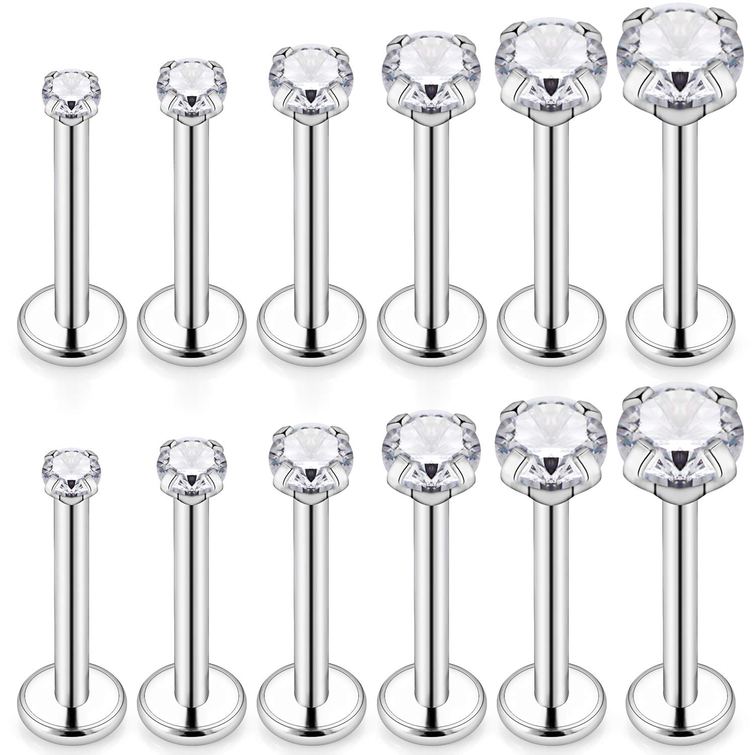 SCERRING 6 Pairs 16g Stainless Steel 2-4.5mm Prong Setting Clear CZ Internally Threaded Labret Monroe Lip Earring Ring Body Piercing Jewelry 10mm - Silver