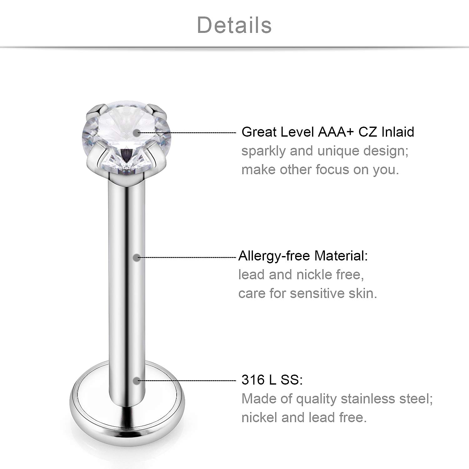 SCERRING 6 Pairs 16g Stainless Steel 2-4.5mm Prong Setting Clear CZ Internally Threaded Labret Monroe Lip Earring Ring Body Piercing Jewelry 10mm - Silver