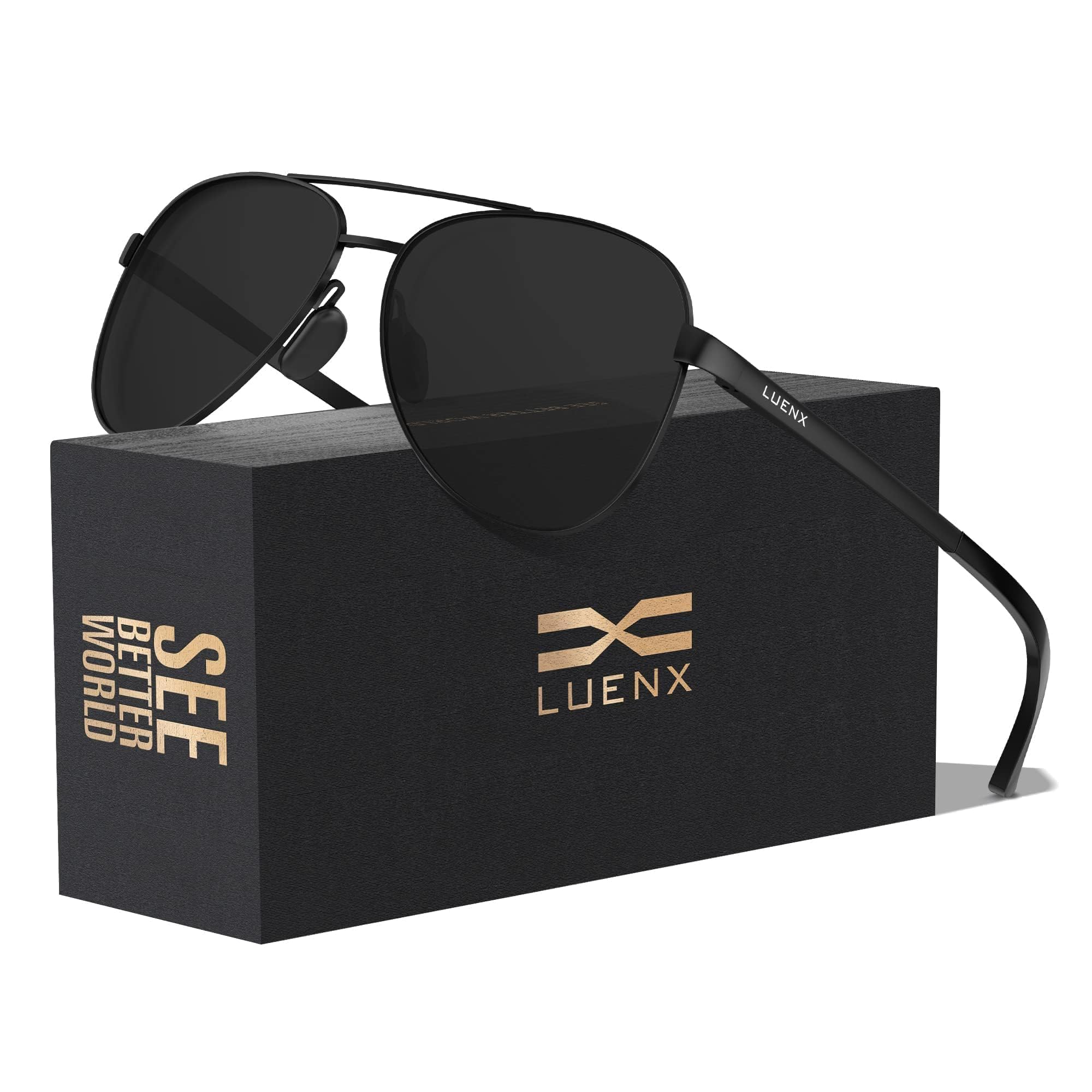 LUENX Aviator Sunglasses for Men Women Polarized-Stylish Shades Non Mirror UV400 Protection Driving Outdoor Activities 59 MM(All Black)