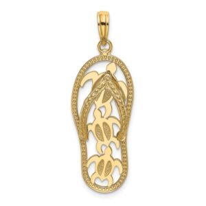 14K Yellow Gold Triple Sea Turtle Hawaiian Flip Flop Necklace Beach Sandals Pendant Ocean Vacation Charm 37mm x 11.5mm Only