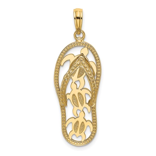 14K Yellow Gold Triple Sea Turtle Hawaiian Flip Flop Necklace Beach Sandals Pendant Ocean Vacation Charm 37mm x 11.5mm Only