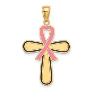 diamond2deal 14k yellow gold enamel pink ribbon breast cancer cross, for women (l- 31 mm, w- 19.55 mm)