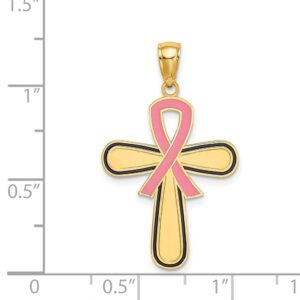 Diamond2Deal 14k Yellow Gold Enamel Pink Ribbon Breast Cancer Cross, for Women (L- 31 mm, W- 19.55 mm)