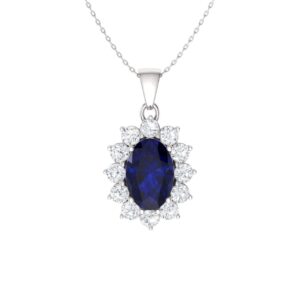 diamondere natural and certified oval blue sapphire and diamond necklace in 14k white gold | 0.67 carat pendant with chain