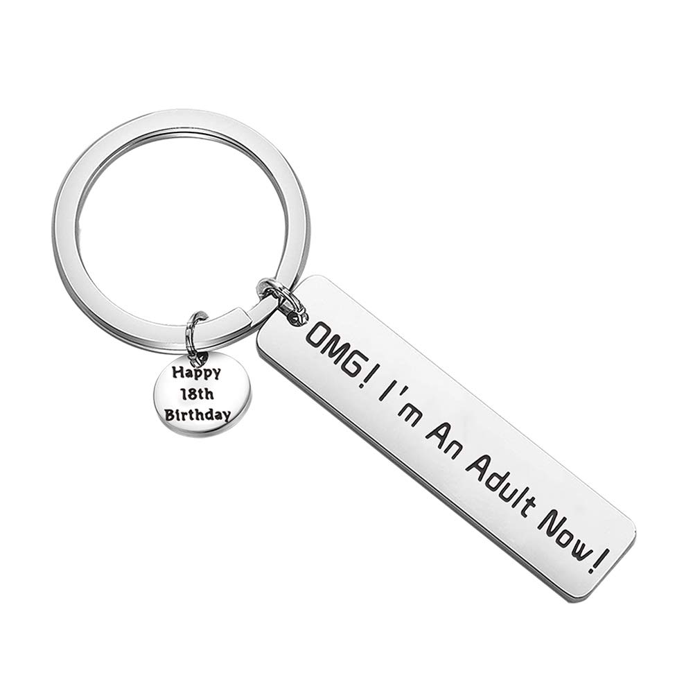 BEKECH Funny Adult Birthday Gifts Birthday Keychain OMG I'm An Adult Now Jewelry Gifts for Adult Brithday (silver)