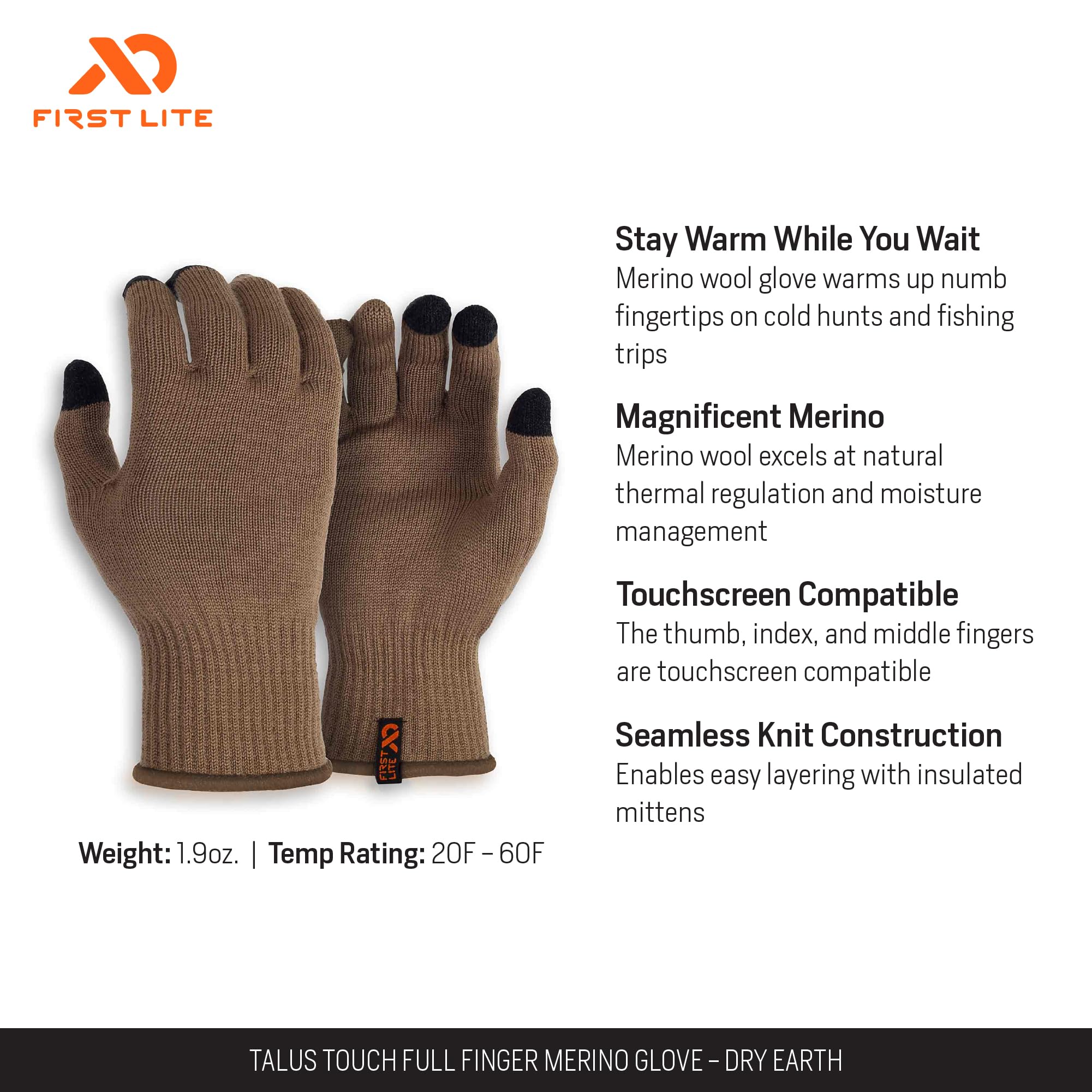 First Lite Talus Touch Full Finger Merino Wool Glove - Lightweight Hunting Gloves - Dry Earth - Large