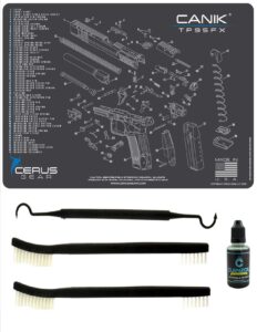 canik tp9 sfx 5 pc edog cerus gear schematic (exploded view) heavy duty pistol cleaning 12x17 padded gun-work surface protector mat solvent & oil resistant & 3 pc cleaning essentials & clenzoil