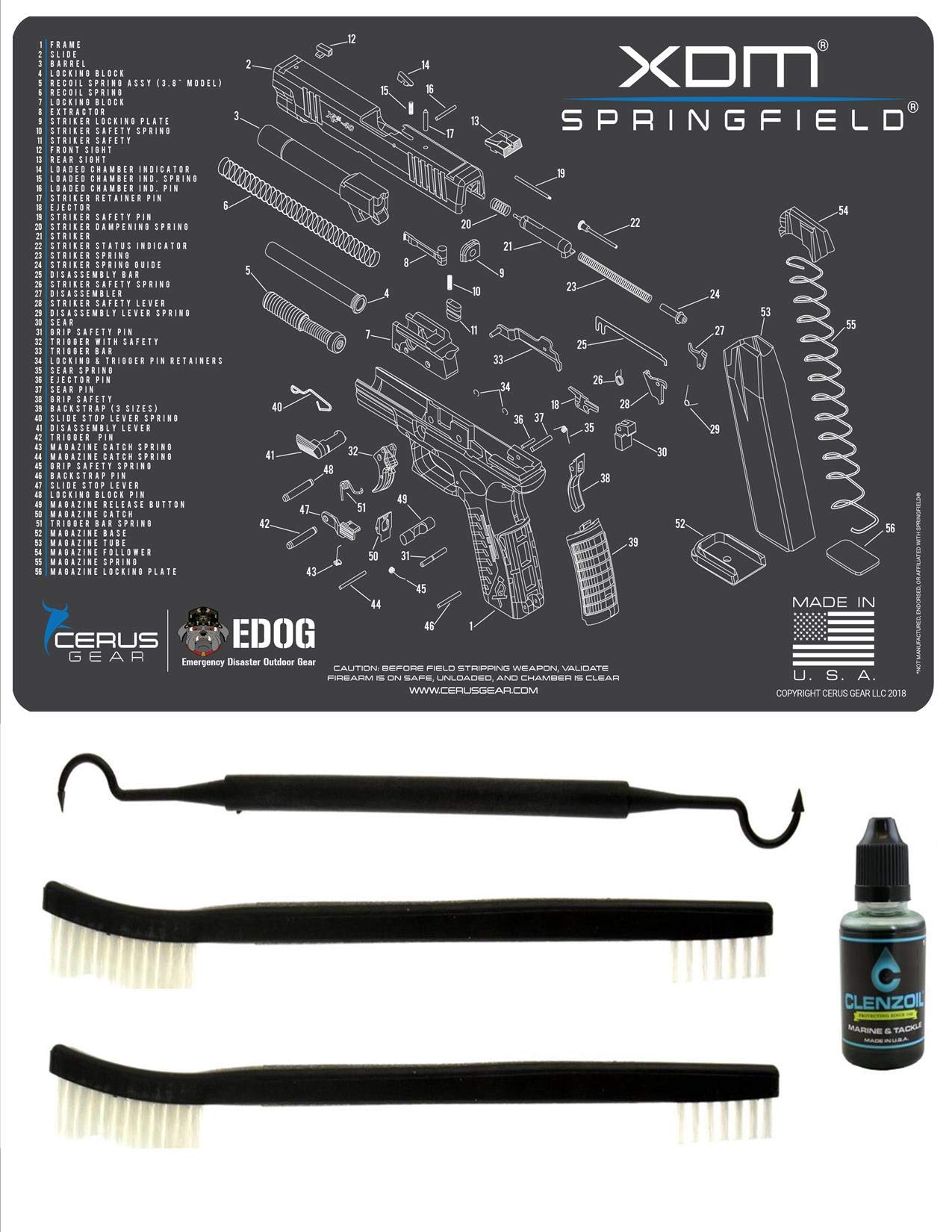 Springfield Armory XDm 5 PC EDOG Cerus Gear Schematic Exploded View Heavy Duty Pistol Cleaning 12x17 Padded Gun-Work Surface Protector Mat Solvent & Oil Resistant & 3 PC Cleaning Essentials & Clenzoil