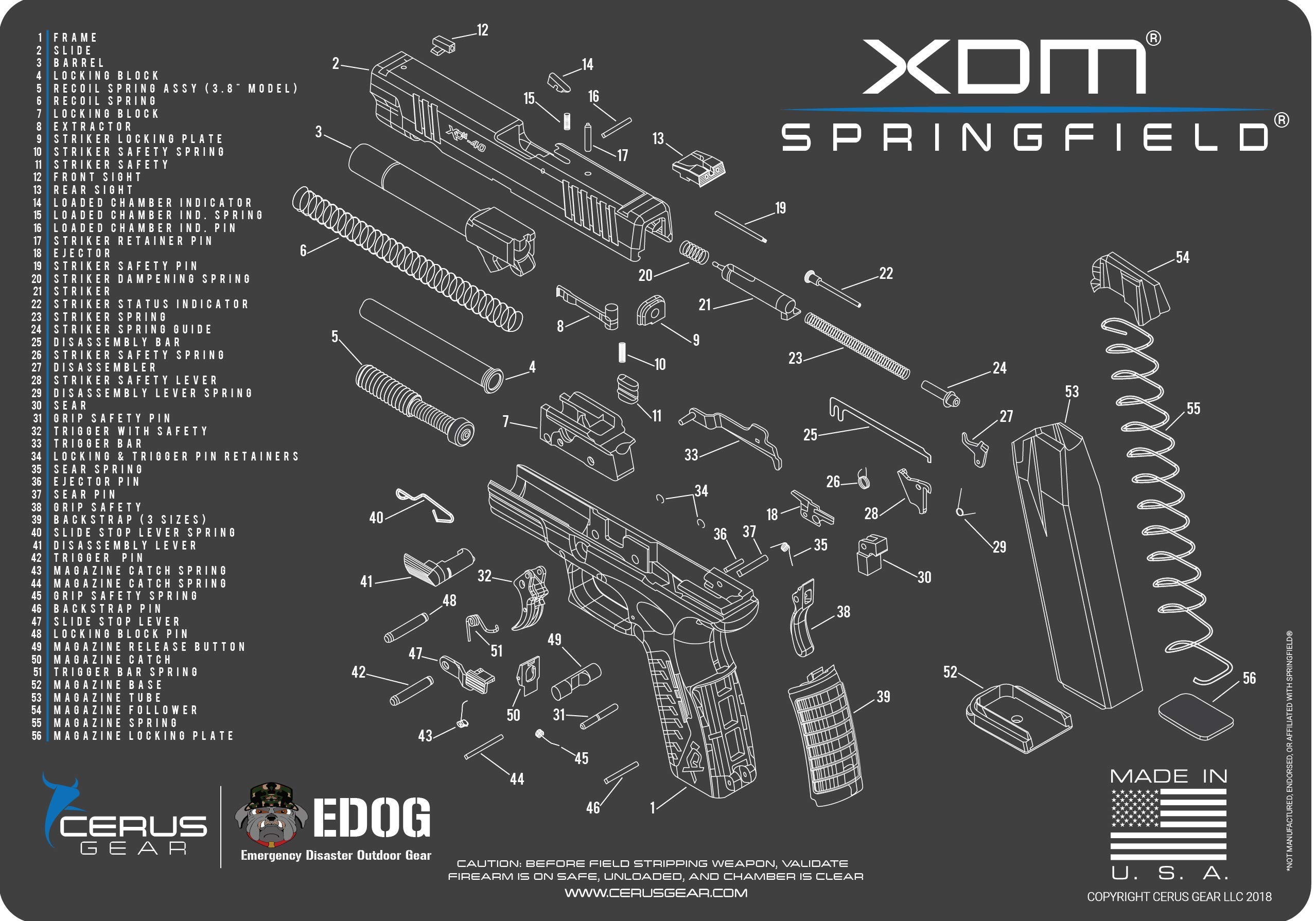 Springfield Armory XDm 5 PC EDOG Cerus Gear Schematic Exploded View Heavy Duty Pistol Cleaning 12x17 Padded Gun-Work Surface Protector Mat Solvent & Oil Resistant & 3 PC Cleaning Essentials & Clenzoil