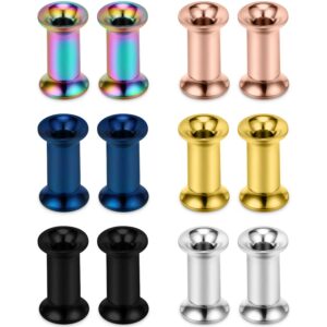 hoeudjo 12pcs gauge plugs tunnels surgical steel screw fit double flared ear tunnels expander plugs stretcher set for women men girls 6g silver-tone black rose gold 4mm