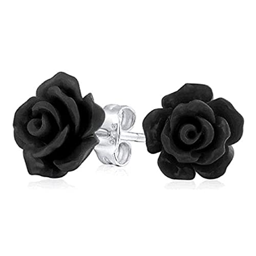 XChuyinie Tiny Floral Earrings 3D Carved Rose Flower Stud Earrings For Women Resin Silver Plated Brass 10mm(Multiple Colors Available)(Black)