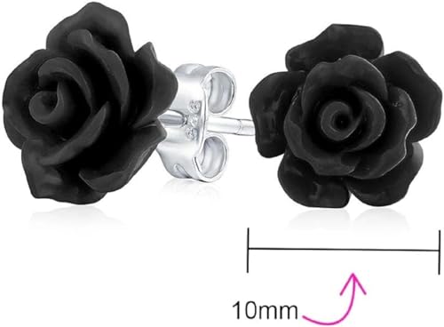 XChuyinie Tiny Floral Earrings 3D Carved Rose Flower Stud Earrings For Women Resin Silver Plated Brass 10mm(Multiple Colors Available)(Black)