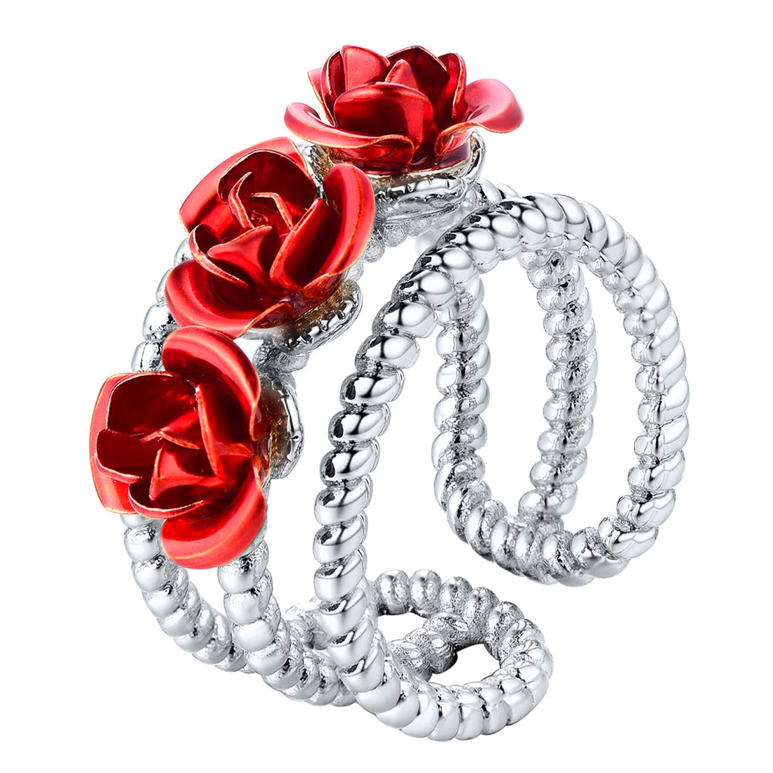 U7 Platinum Silver Statement Ring for Women, 3-Row Band Stacking Red Rose Flower Ring Cocktail Party Jewelry