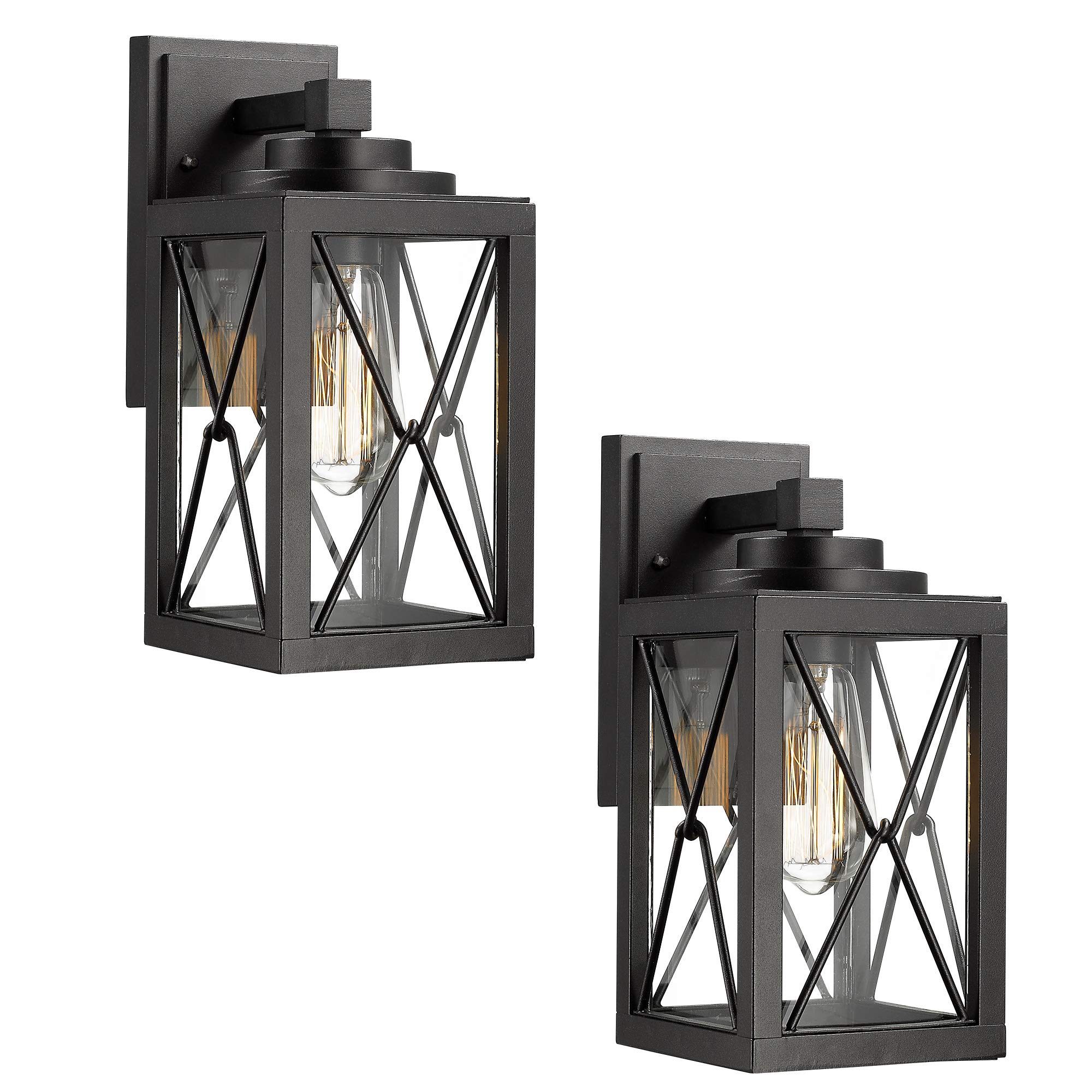 Emliviar Porch Lights 2 Pack, Black Outdoor Wall Lanterns Sconces with Clear Glass Shade, 0387BK-2PK