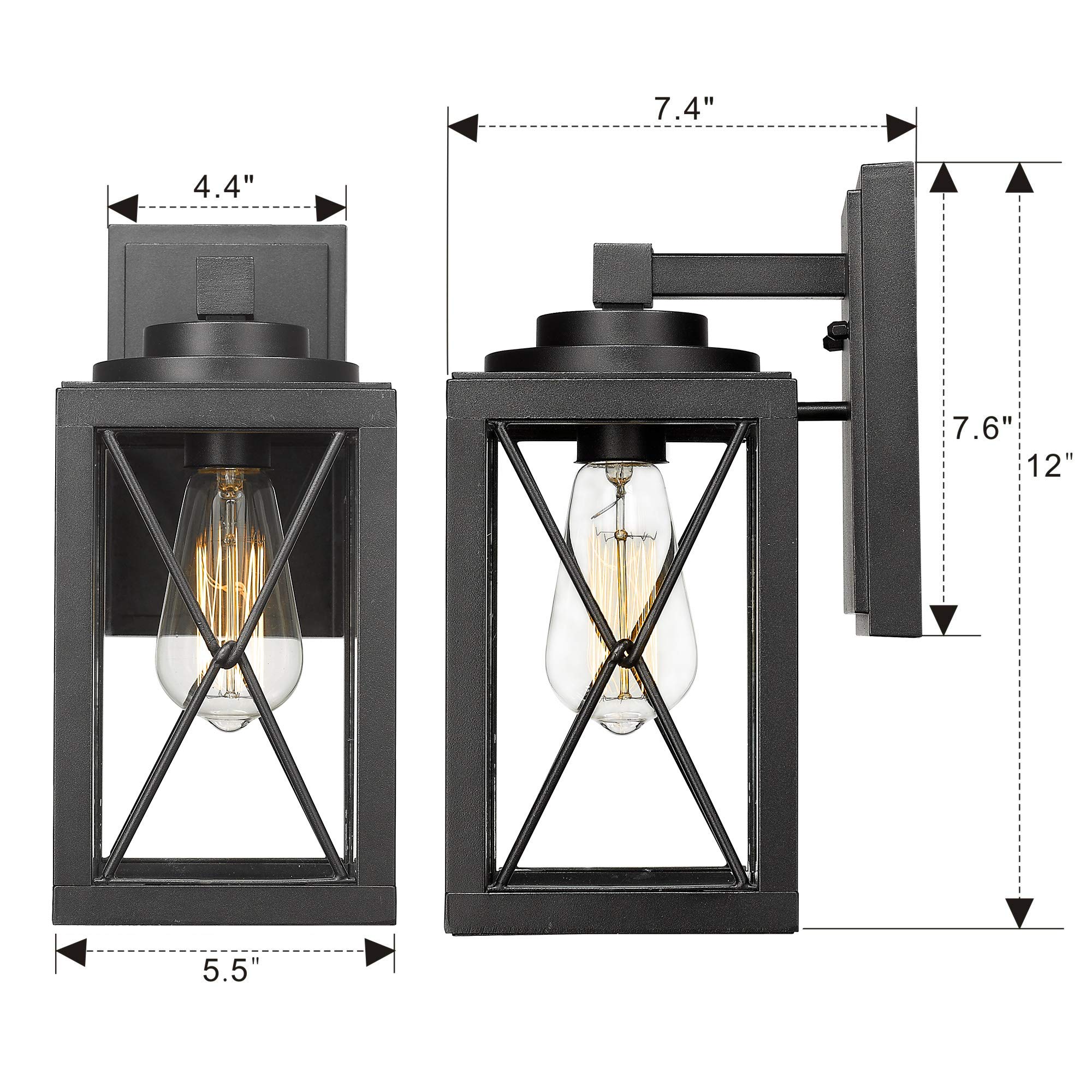 Emliviar Porch Lights 2 Pack, Black Outdoor Wall Lanterns Sconces with Clear Glass Shade, 0387BK-2PK