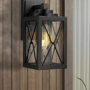 Emliviar Porch Lights 2 Pack, Black Outdoor Wall Lanterns Sconces with Clear Glass Shade, 0387BK-2PK