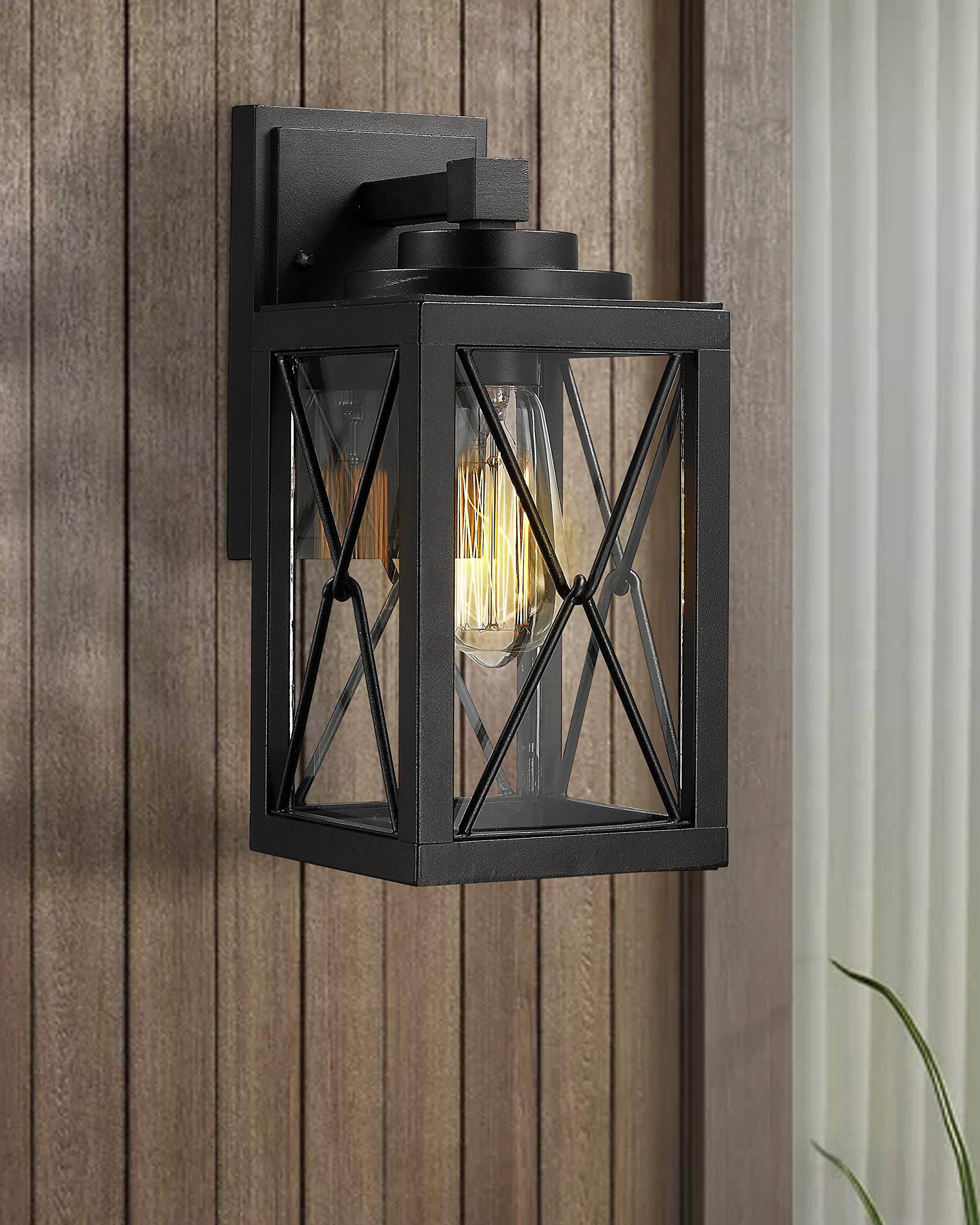 Emliviar Porch Lights 2 Pack, Black Outdoor Wall Lanterns Sconces with Clear Glass Shade, 0387BK-2PK