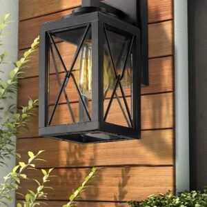 Emliviar Porch Lights 2 Pack, Black Outdoor Wall Lanterns Sconces with Clear Glass Shade, 0387BK-2PK