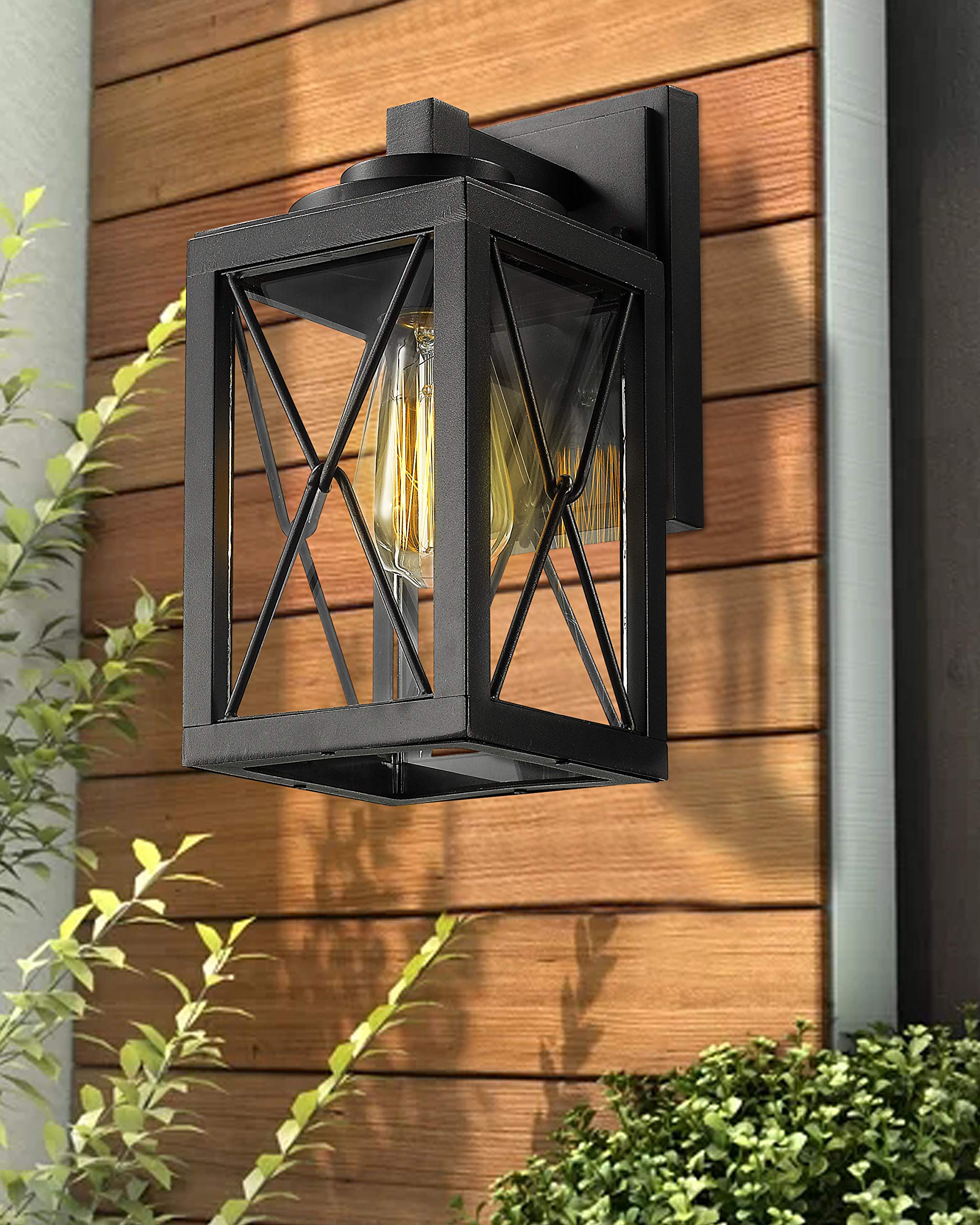 Emliviar Porch Lights 2 Pack, Black Outdoor Wall Lanterns Sconces with Clear Glass Shade, 0387BK-2PK