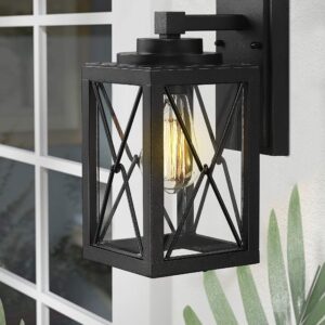 Emliviar Porch Lights 2 Pack, Black Outdoor Wall Lanterns Sconces with Clear Glass Shade, 0387BK-2PK