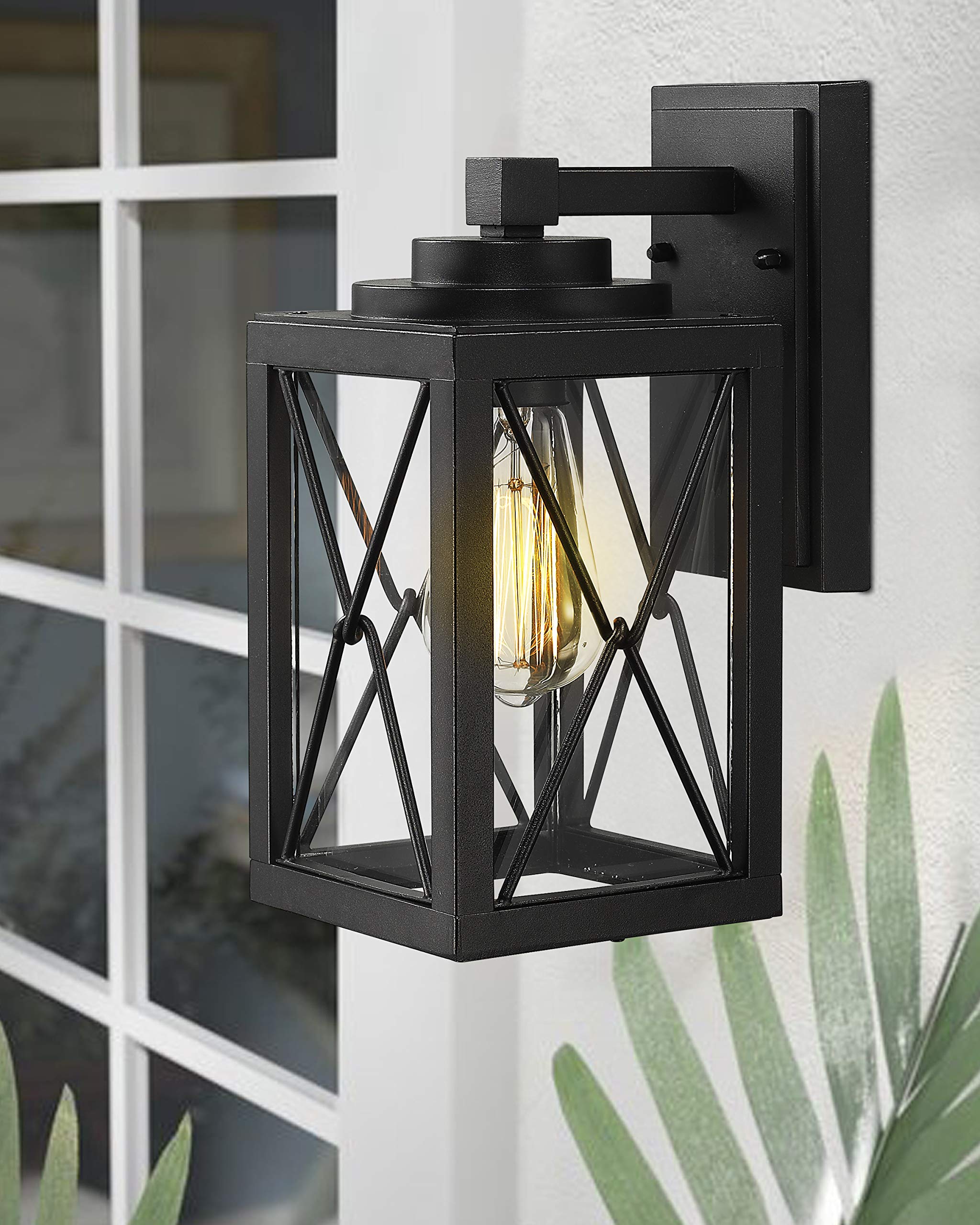 Emliviar Porch Lights 2 Pack, Black Outdoor Wall Lanterns Sconces with Clear Glass Shade, 0387BK-2PK