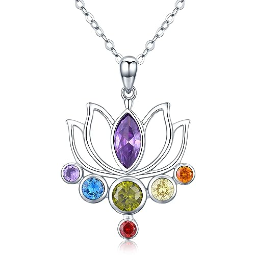 TANGPOET 7 Chakra Necklace for Women 925 Sterling Silver Lotus Flower Pendant Necklaces Spiritual Protection Healing Gemstones Jewelry Birthday Christmas Reiki Meditation Gifts for Her Mom Wife