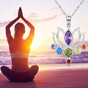 TANGPOET 7 Chakra Necklace for Women 925 Sterling Silver Lotus Flower Pendant Necklaces Spiritual Protection Healing Gemstones Jewelry Birthday Christmas Reiki Meditation Gifts for Her Mom Wife