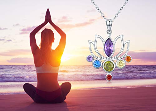 TANGPOET 7 Chakra Necklace for Women 925 Sterling Silver Lotus Flower Pendant Necklaces Spiritual Protection Healing Gemstones Jewelry Birthday Christmas Reiki Meditation Gifts for Her Mom Wife