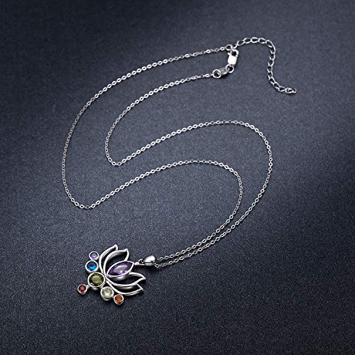 TANGPOET 7 Chakra Necklace for Women 925 Sterling Silver Lotus Flower Pendant Necklaces Spiritual Protection Healing Gemstones Jewelry Birthday Christmas Reiki Meditation Gifts for Her Mom Wife