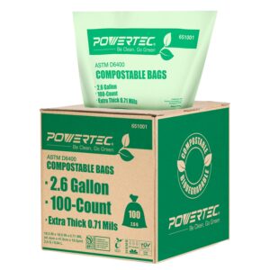 powertec compostable bags, 2.6 gallon (9.84 liter), 100 count, extra thick 0.71 mil kitchen scrap waste bag, astm d6400 us bpi & european ok compost home certified, biodegradable yard waste trash bag