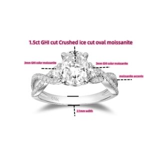 DovEggs Solid 14K White Gold 1.5ct Center 6X8mm G-H-I Color Elongated Oval Ice Crush Cut Moissanite Split Shank Engagement Ring with Accents for Women Band Width 2.1mm, white gold, Moissanite