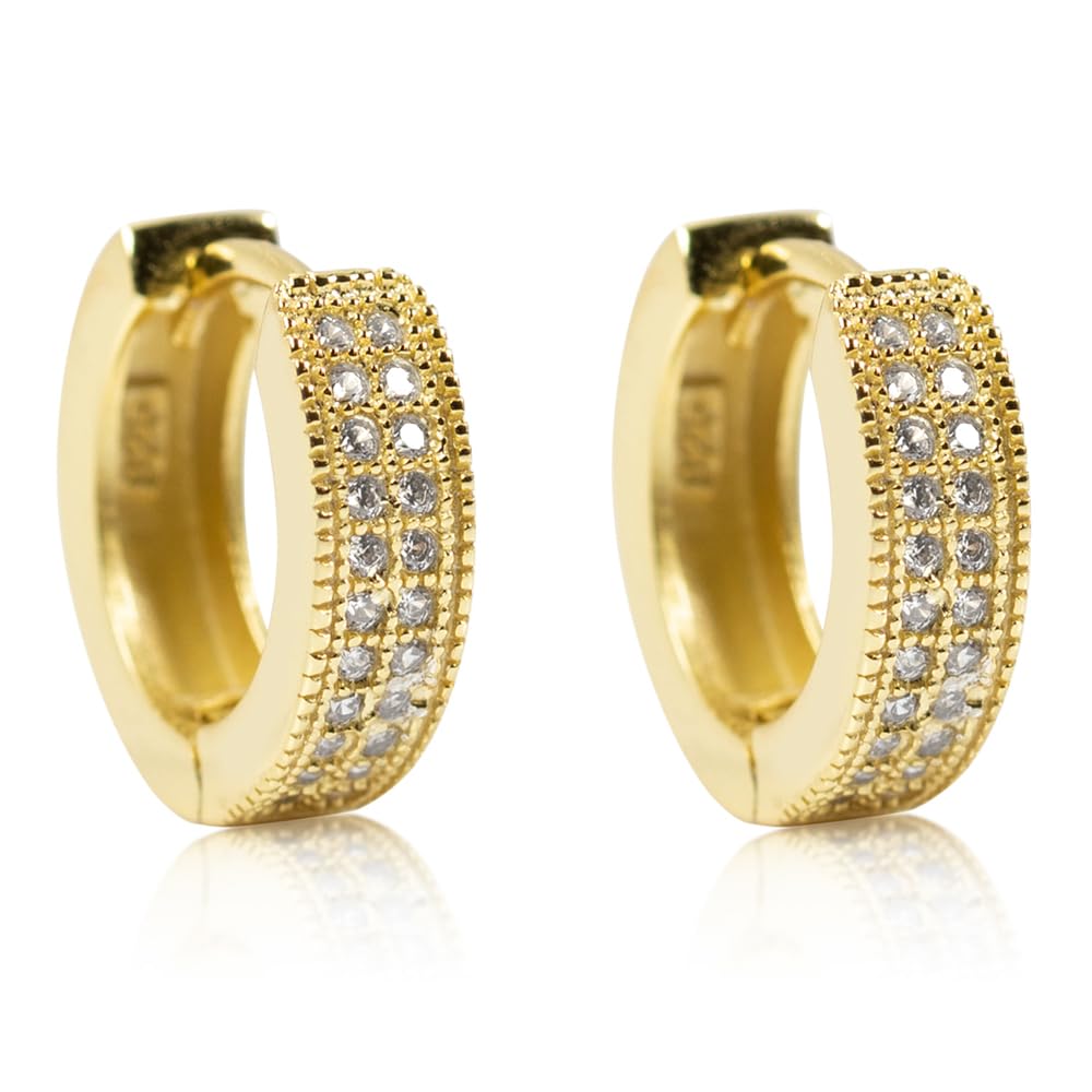 Small Iced CZ Hoops with Cubic Zirconia 14K Yellow Gold Plated 925 Sterling Silver Ear Cuff 12mm Huggie Hoop Earrings Wonderful Gift Choice for Men And Women