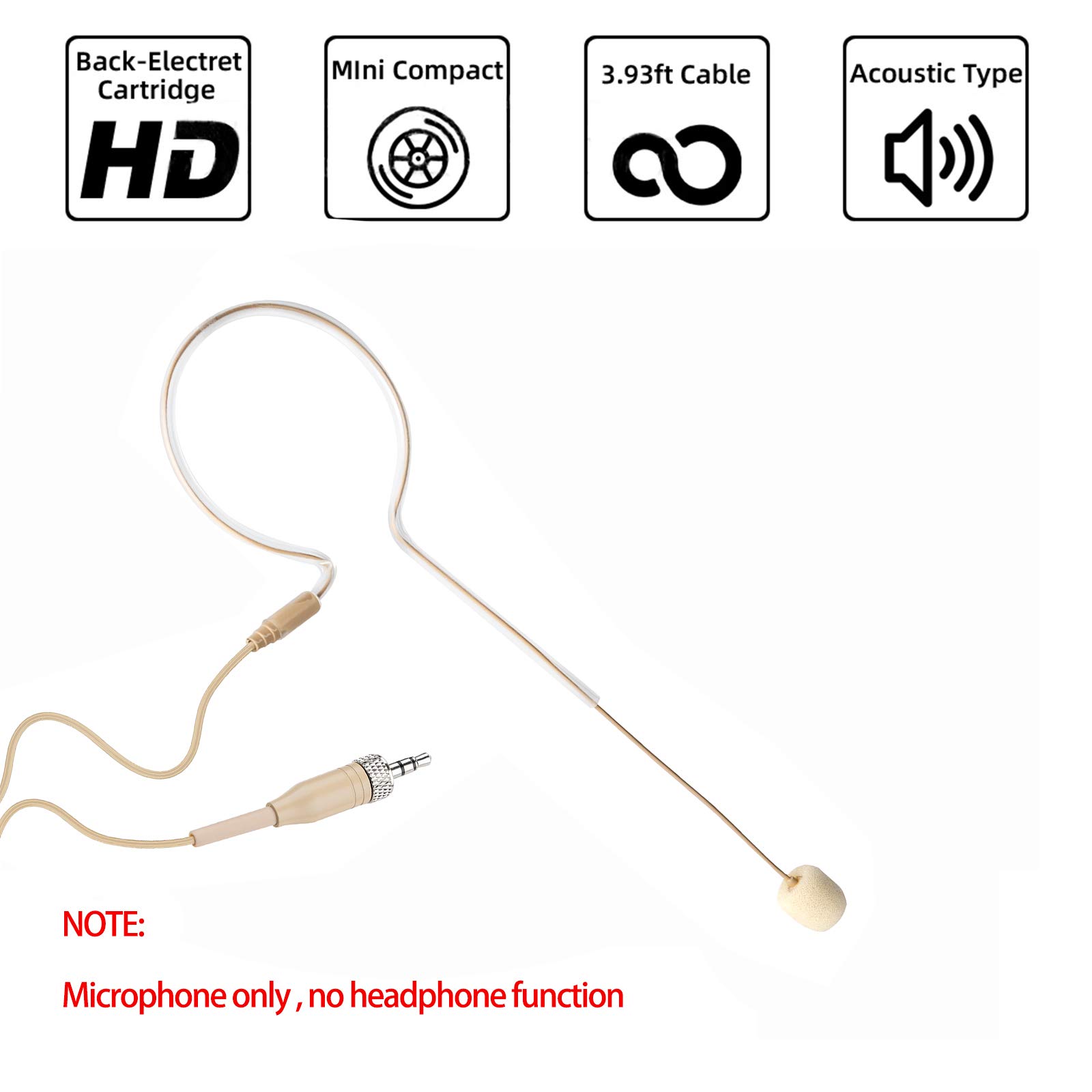 Sujeetec Headset Headworn Microphone - 3.5mm Screw Lock Head Microphone for Sennheiser Wireless System & Bodypack Transmitter – Beige Single Earhook Omnidirectional Headset Head Mic