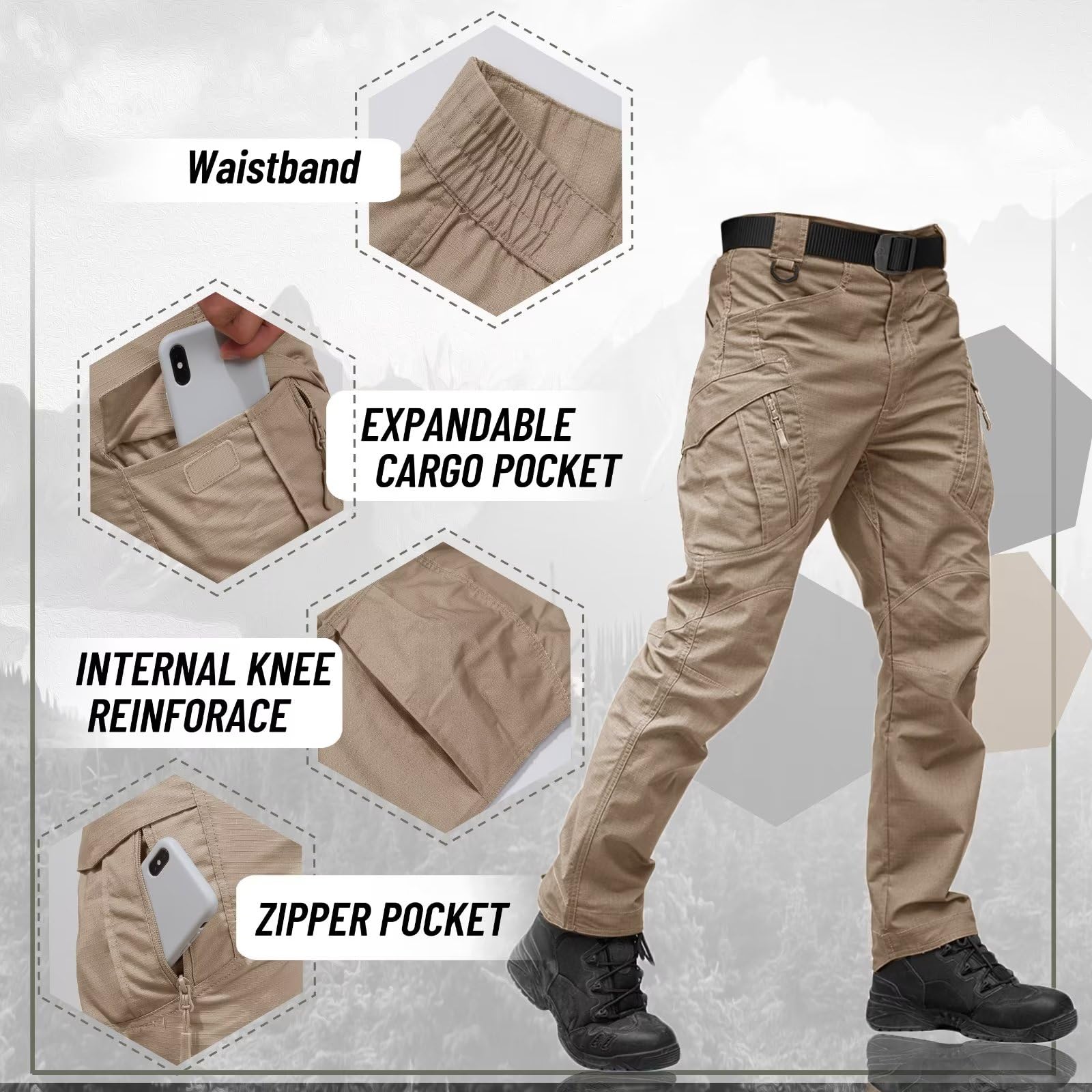 TACVASEN Hiking Pants Lightweight Cargo Pants for Men 9 Pockets Tactical Pants Water Resistant Quick Dry Work Pants for Men Construction Stretch Outdoor Khaki 40