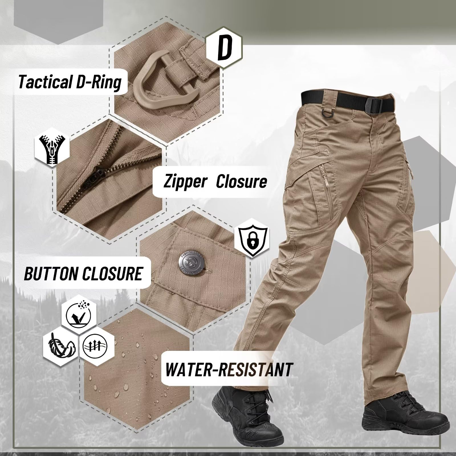 TACVASEN Hiking Pants Lightweight Cargo Pants for Men 9 Pockets Tactical Pants Water Resistant Quick Dry Work Pants for Men Construction Stretch Outdoor Khaki 40