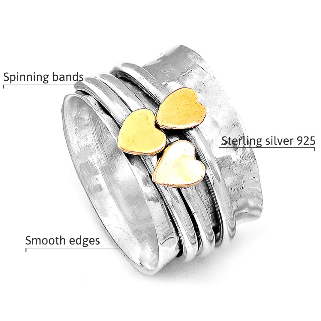 Boho-Magic Spinner Ring for Women 925 Sterling Silver with Brass Hearts and Fidget Bands (8)