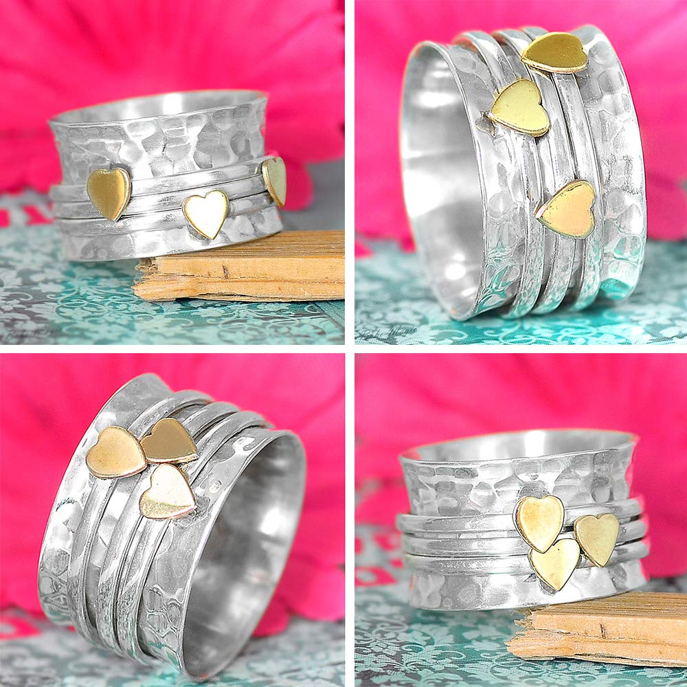 Boho-Magic Spinner Ring for Women 925 Sterling Silver with Brass Hearts and Fidget Bands (8)