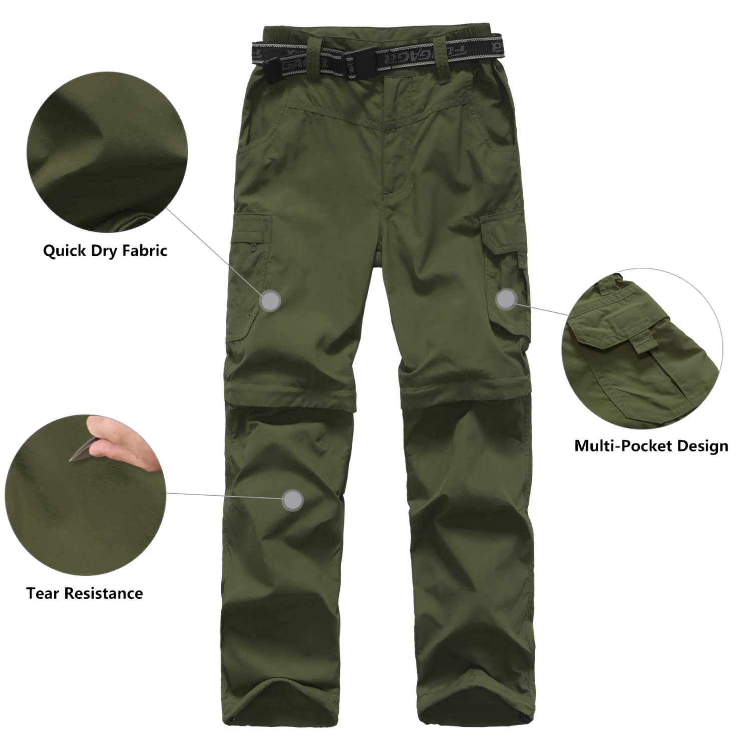 JOMLUN Boys Hiking Pants Kids Cargo Outdoor Casual Camping Pants Quick Dry Convertible Zip Off Trousers Army Green